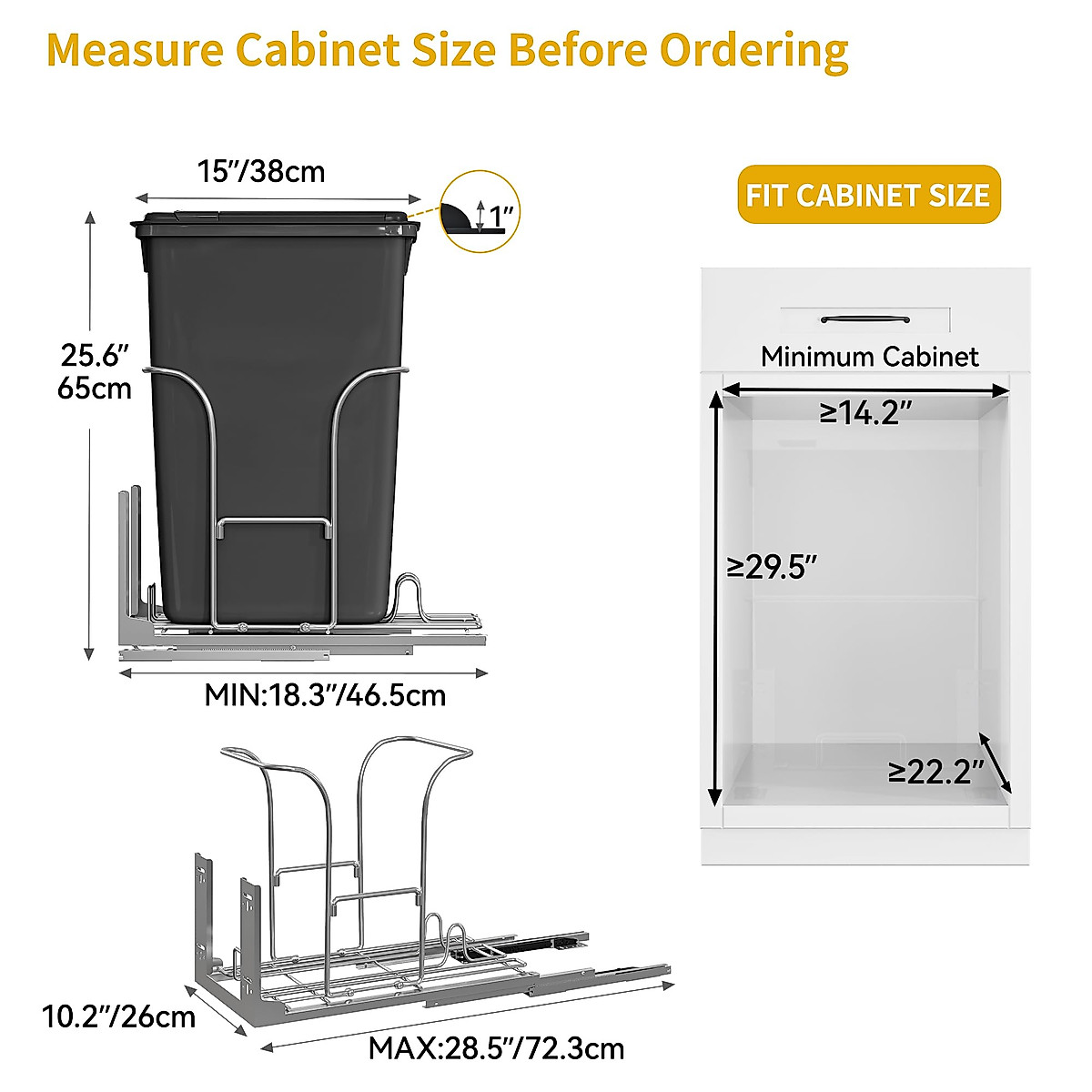 50-Quart (XL) Pull-Out Trash Can with Lid for 14.2" W x 22.2" D x 29.5" H Min Cabinets, Sliding Under Mount Kitchen Pullout Waste Container Trash Can, Black
