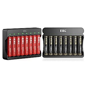 EBL 8 Pack Rechargeable Lithium AA Batteries with Charger and 8 Pack Rechargeable Ni-Zn AA Batteries with Charger