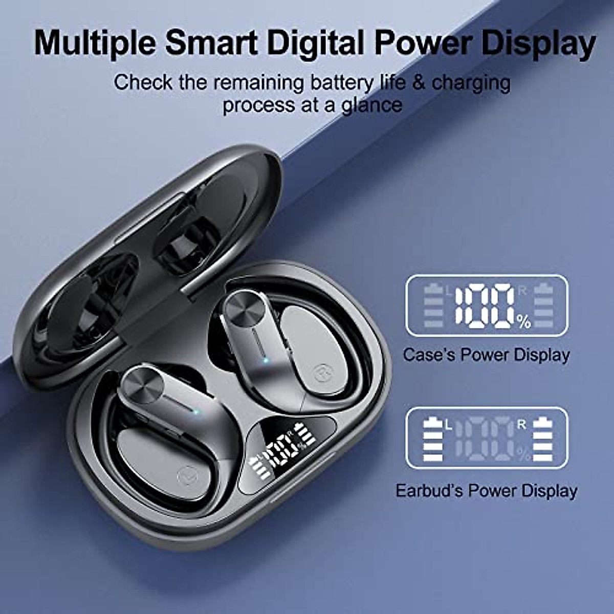 hadbleng Wireless Earbuds Bluetooth 5.3 Headphones 48Hrs Playtime Black Sports Earhooks Over Ear Earphones with LED Display, IPX7 Waterproof Built-in Mic Headset for Workout, Running, Gym