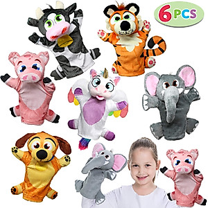 JOYIN 6Pcs Kids Hand Puppet Set, Toddler Animal Plush Toy Includes Elephant, Unicorn, Puppy, Pig, Tiger and Cow for Boys Girls Show Theater, Birthday Party Gifts, Easter Basket Stuffers