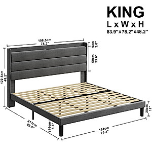 LIKIMIO King Size Bed Frame, Storage Headboard with Outlets, Sturdy and Stable, No Noise, No Box Springs Needed, Dark Gray