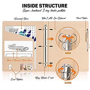 Toplive Padfolio 3 Ring Binder (1'' Round Ring) Business Portfolio Folder for Interview, Conference and Presentation, Gold