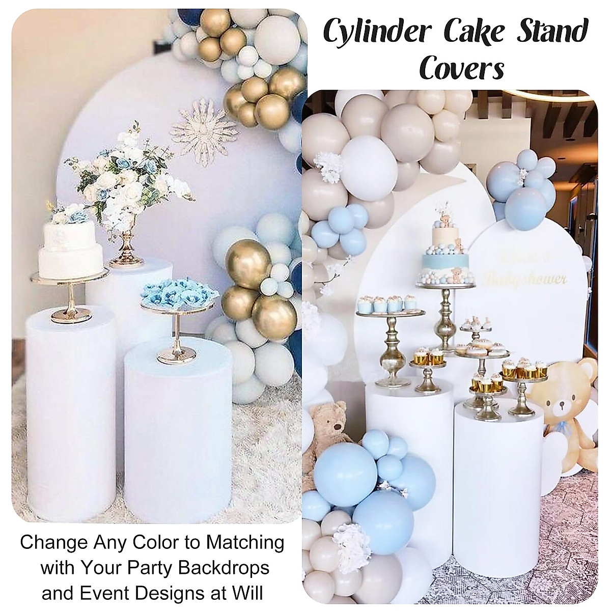 Spandex Cylinder Pedestal Stand Covers Set of 5 Stretchable Cylinder Plinth Covers Dessert Table Display Pillars Cover for Wedding Props Babyshower Birthday Party Event Decor (White)