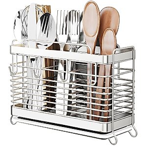 IWNTWY Utensil Holder, Stainless Steel Utensil Drying Rack with Drain Tray, Kitchen Counter Drainer Basket Silverware Cutlery Flatware Holder Forks, Knives, Spoons, Chopsticks Organizer (Silver)