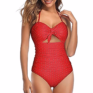 Tempt Me Women Red Polka Dot Sexy Cutout One Piece Swimsuits Tummy Control High Waisted Halter Front Tie Knot Bathing Suit L