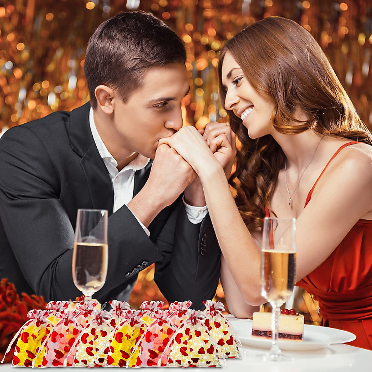 Bnsikun 50Pcs Organza Bags Jewelry Candy Pouches Sachet Bags Drawstring Organza Gift Bags for Wedding Party Valentines Day Baby Shower Christmas (Red Heart, 3.5 x 4.7 inch)