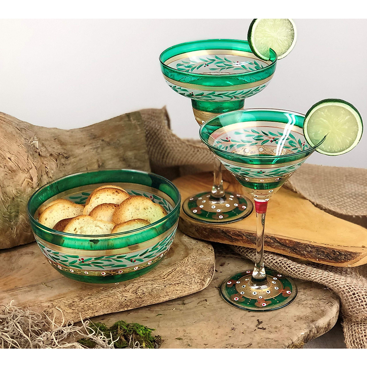 Golden Hill Studio Hand Painted Margarita Glasses Set of 2 - Moroccan Mosaic Forest Collection - Hand Painted Glassware by USA Artists - Unique and Decorative Margarita Glasses, Kitchen Table Décor