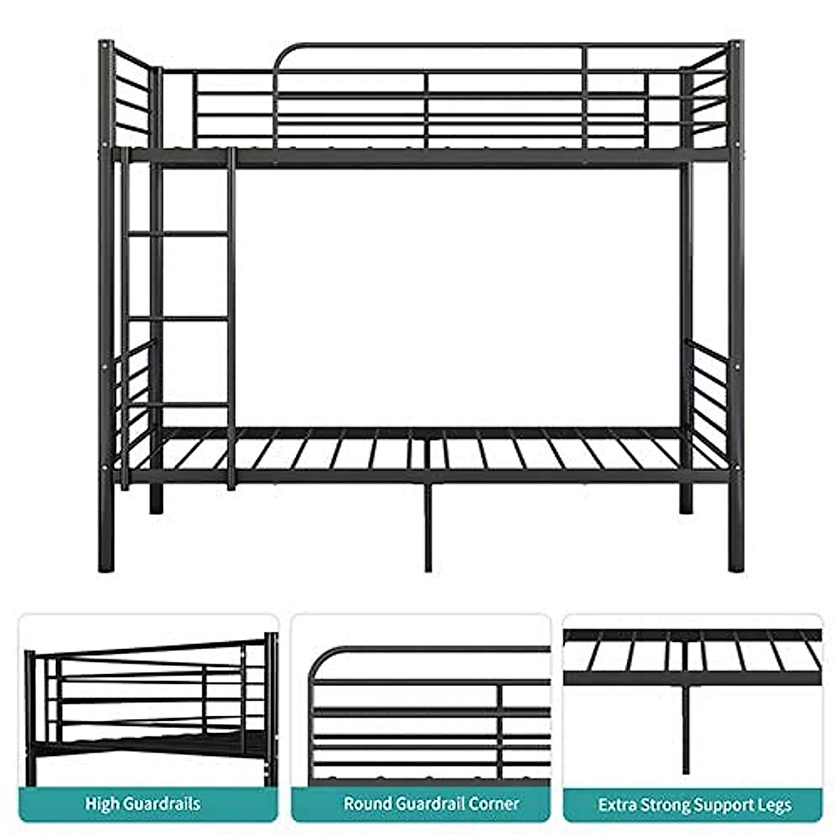 Lumelay Bunk Bed Twin Over Twin, Heavy Duty Twin Size Metal Bunk Bed Frame with Guardrail & Ladders, Space-Saving, Noise Free, No Box Spring Needed (Black)