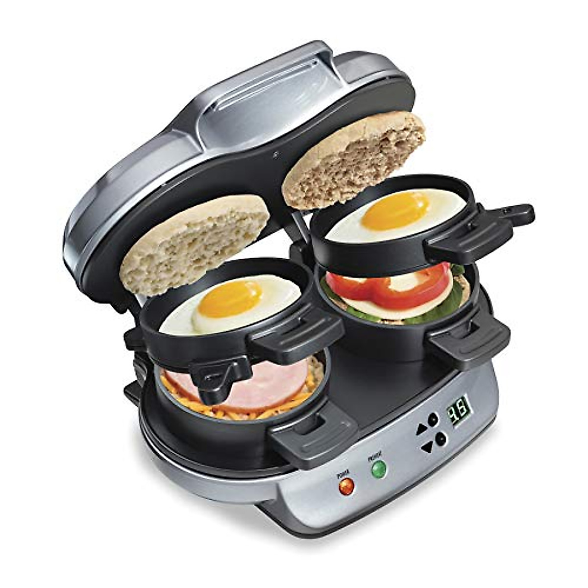 Hamilton Beach Panini Press, Sandwich Maker & Electric Indoor Grill, Upright Storage, Nonstick Easy Clean Grids, Stainless Steel (25410) & Dual Breakfast Sandwich Maker with Timer, Silver (25490A)