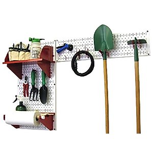 Wall Control Pegboard Garden Supplies Storage and Organization Garden Tool Organizer Kit with White Pegboard and Red Accessories