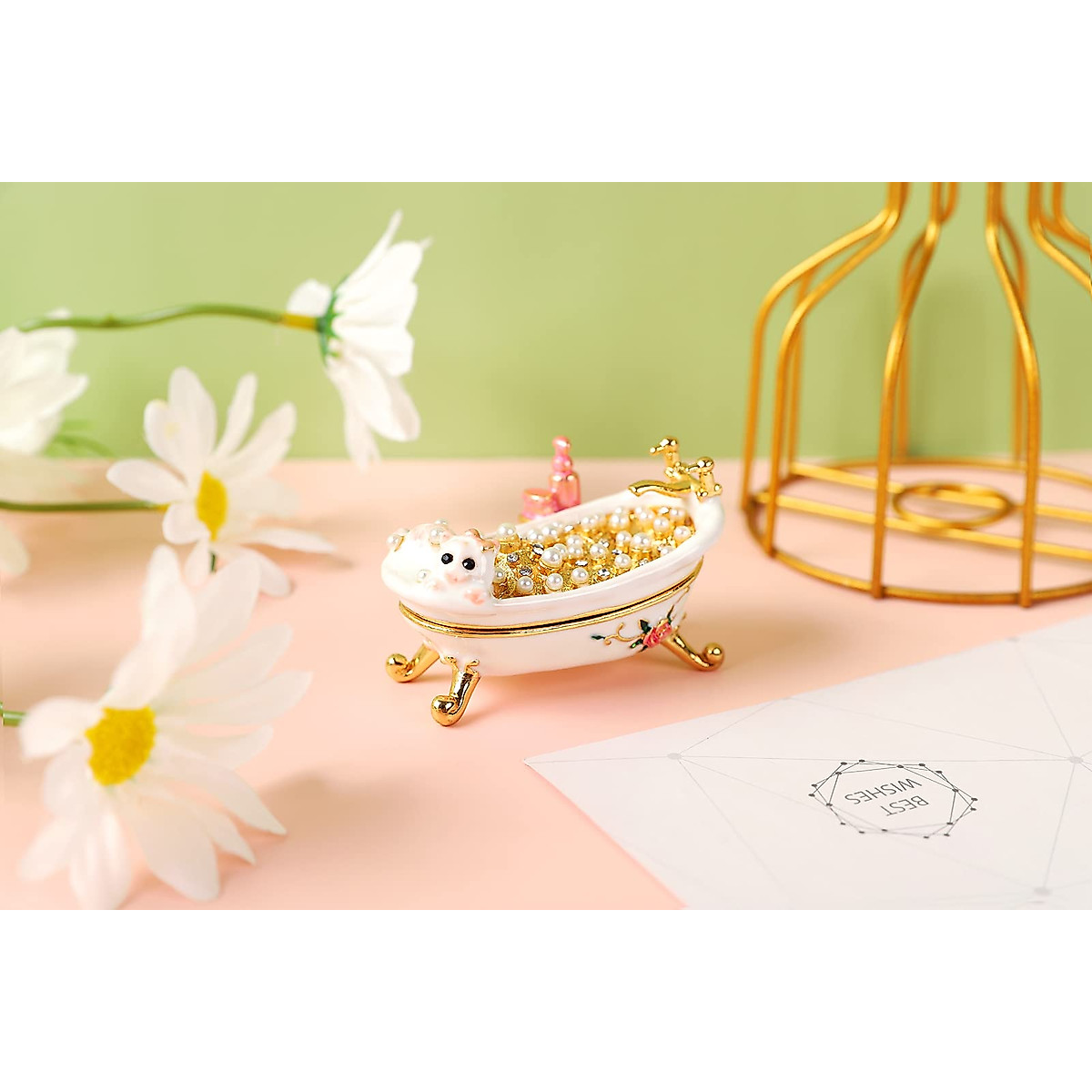 FASSLINO Pearls Bathtub Trinket Box Hinged Enameled Hand-Painted Ornaments Decorative Craft Gift for Home Decor