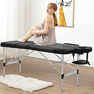 Massage Table Portable Massage Bed 3 Folding 73 Inch Height Adjustable Aluminium Salon Bed Carry Case Tattoo Table Facial Bed Hold Up to 450LBS (Black)