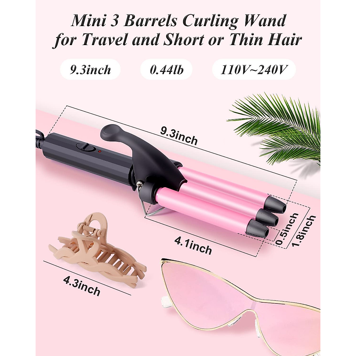 Mini Three Barrel Curling Iron, Small Curling Wand 1/2 Inch for Home and Travel, Ceramic Tourmaline Add Shine to Waves, Youuish Dual Voltage Hair Crimper, Pink