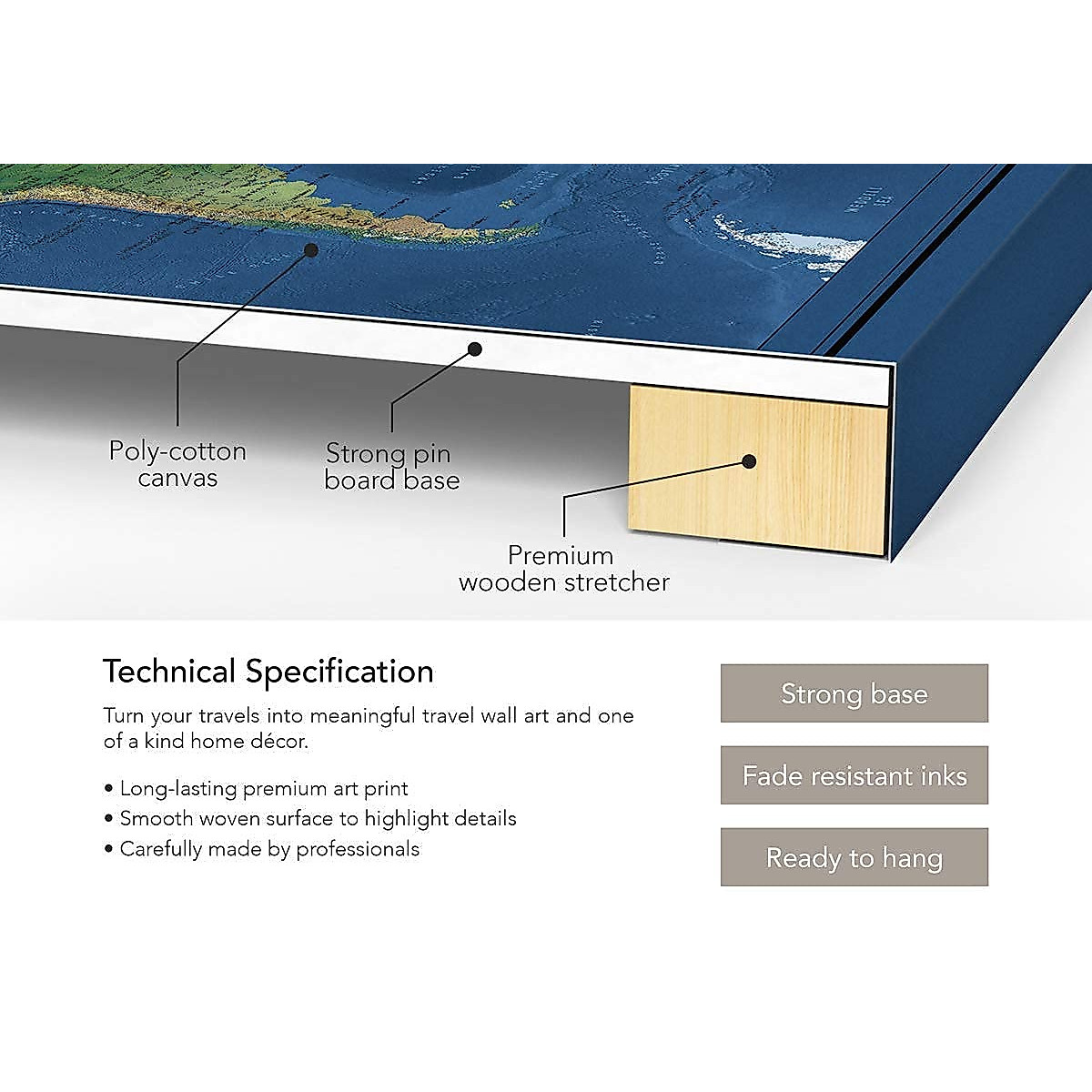 Modern World Satellite Wall Map with Push Pins | Push Pin Travel Map on Canvas | Personalized World Map with Pins | 24" x 32" up to 40" x 53"