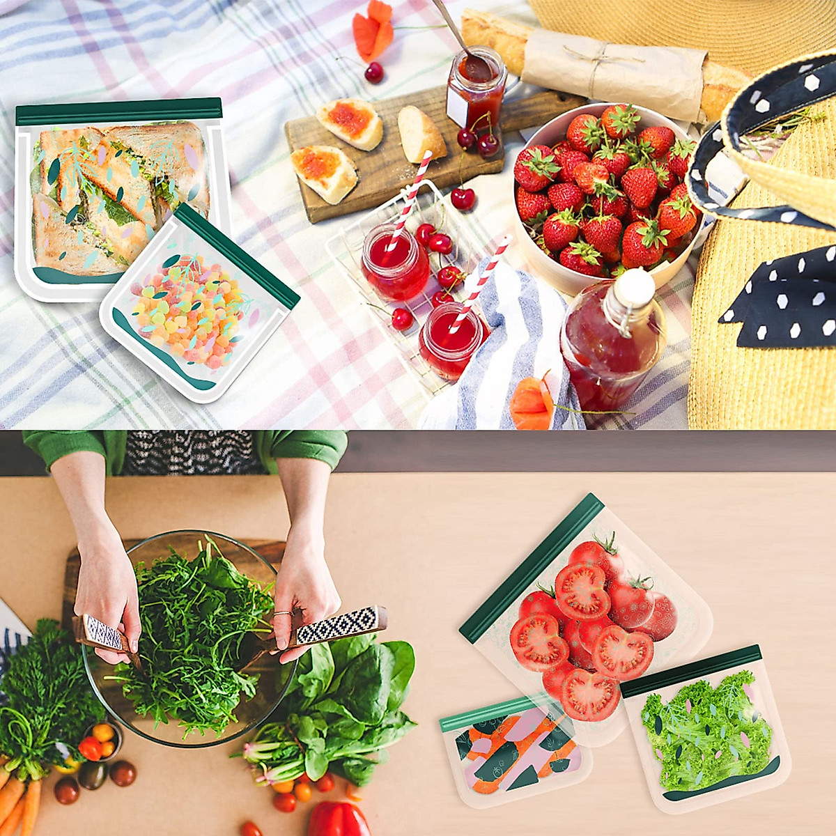 9-Pack Reusable Sandwich Bags, Reusable Snack Bags Silicone, Leakproof Reusable Freezer Bags for Kids Travel/Home Organization, Reusable Food Storage Bags BPA Free