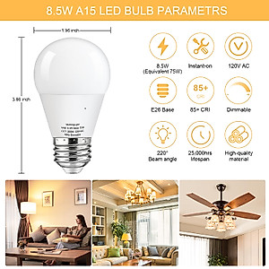 MorningLight 8 Pack A15 LED Light Bulb 75 Watt Equivalent, 3000K Soft White, 800LM, Efficient 8.5W Fan Light Bulb, A15 Light Bulbs 75 Watt for Wall Sconces, Pendant Light, 25000+ Hours Lifespan, E26