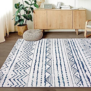 Area Rug Living Room Rugs - 5x7 Machine Washable Moroccan Geometric Neutral Soft Low Pile Stain Resistant Large Thin Rug Floor Carpet for Bedroom Under Dining Table Home Office - Navy Blue