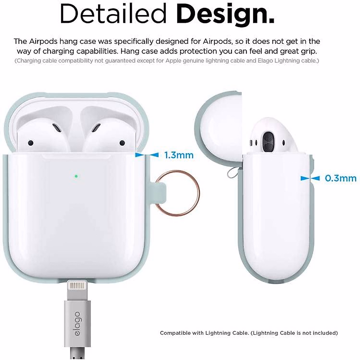 elago Silicone Case with Keychain Compatible with Apple AirPods 2 Wireless Charging Case, Front LED Visible, Anti-Slip Coating Inside, Premium Silicone [Baby Mint]