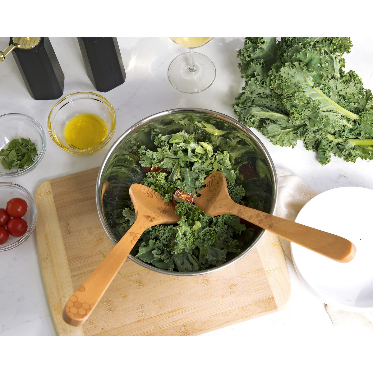 Talisman Designs Laser Etched Beechwood Honey Bee Design | Fork & Spoon Serving, Salad Server Set, Tool | Small Wooden Utensils