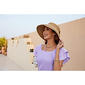 Women Sun Visor Fordable Wide Brim Summer Straw Hat Roll up Adjustable Beach Hat with Bowtie