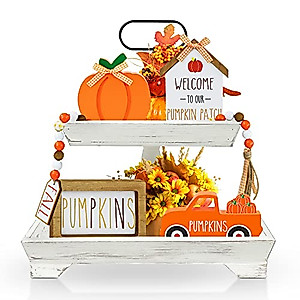 Fall Decorations for Home - Fall Tiered Tray Decor Set with Pumpkins Truck Farmhouse Wooden Decor Bead Garland, Fall Pumpkins Decor for Autumn Thanksgiving Home Kitchen Table Shelf