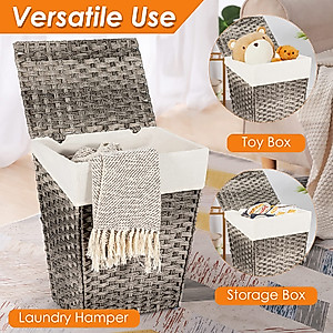 Giantex Laundry Hamper with Lid, Foldable Laundry Basket w/Removable Liner Bag, Handwoven Rattan Clothes Hamper w/Handles Anti-skid Pads for Living Room Laundry (Gray)