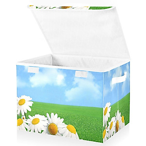 DIGTIA Field Of Daisies Storage Bins with Lids Green Meadow Foldable Storage Basket with Handles Collapsible Large Fabric Organizer Containers for Clothes Shelves Closet Office Home