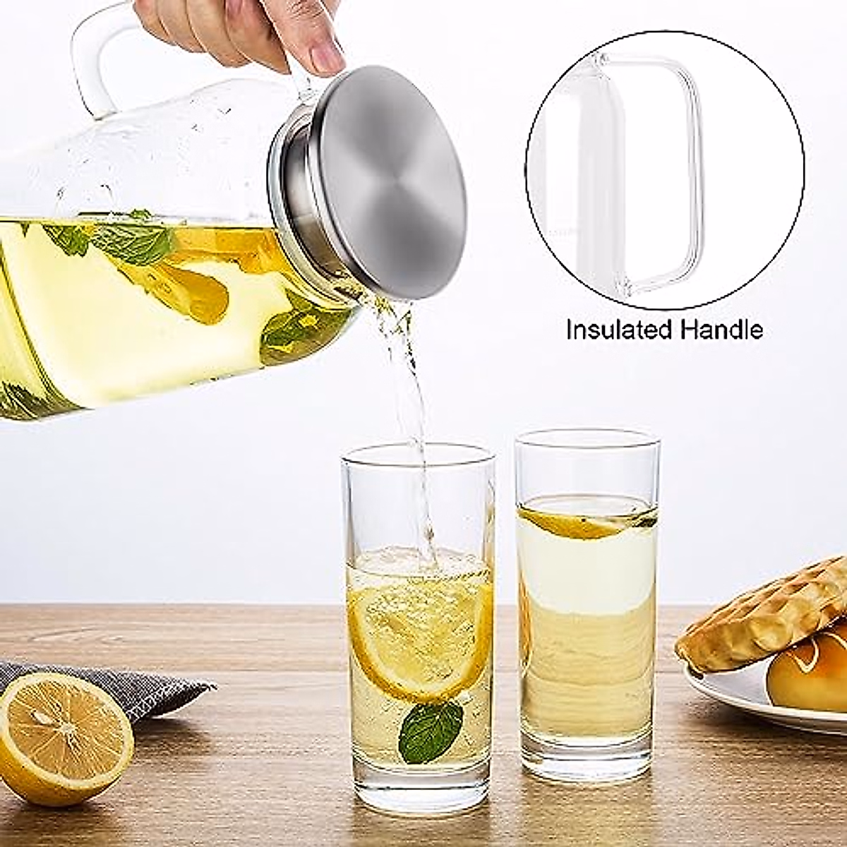 BOQO Glass Pitcher 68oz/2000ml,Pitcher with lid and Tea Pitcher,Glass Water Jug,Glass Water Pitcher,with Particular Coaster (2L-WT)