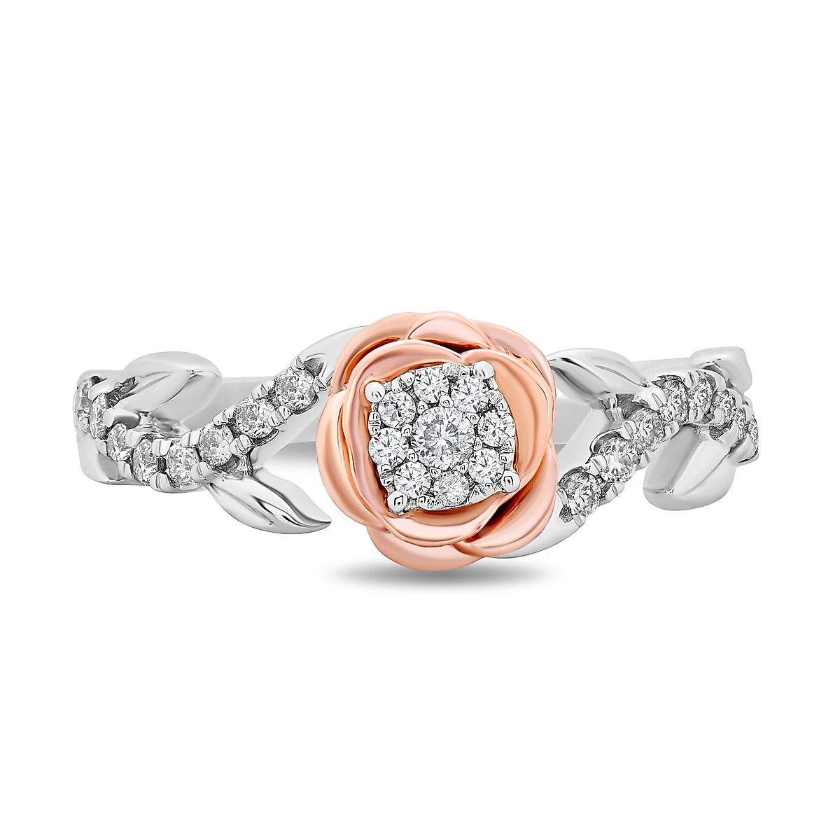 Jewelili Enchanted Disney Fine Jewelry 14K White Gold and Rose Gold 1/4 Cttw Diamond Belle Promise Ring Size 8