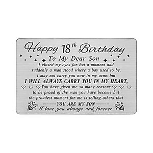 DEGASKEN Happy 18th Birthday Cards Gifts for Son, Son 18 Year Old Bday Card, Personalized Steel Engraved Wallet Card