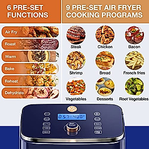 JOY Kitchen Digital Air Fryer with Viewing Window, 6 Cooking Settings, Shake Alert, Auto Shut Off, and Removable Non-Stick Fry Basket & Cooking Bowl, 6 Quart, 1300 Watts, Navy