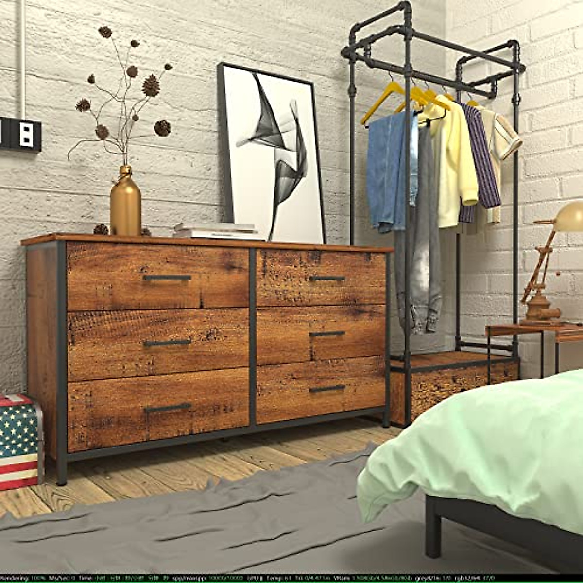 IKENO 6 Drawer Double Dresser, Industrial Wood Storage Dresser Clothes Organizer with Sturdy Steel Frame, Storage Dresser for Bedroom