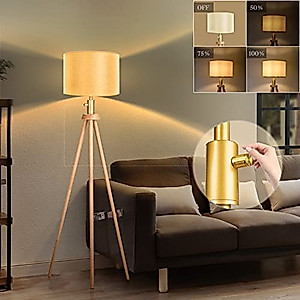 Dimmable Tripod Floor Lamp, Mid Century Standing Lamp with 0%-100% Brightness LED Bulb Beige Linen Drum Shade, E26 Socket, Bedside Lamp, Wooden Floor Lamp for Living Room, Bedroom, Office