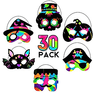 OuMuaMua 30PCS Halloween Rainbow Scratch Mask Art Craft Kit, Bat Witch Pumpkin Zombie Pirate Skull Scratch Paper Art Mask for Halloween Party Crafts Classroom Decorations
