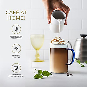 Clear Glass Coffee Mugs Set of 4 – 17 Oz Large Coffee Mugs Ideal for Latte, Cappuccino, Tea – Premium Glass Mugs for Hot Beverages with Colored Handles – Dishwasher and Microwave Safe Latte Mugs