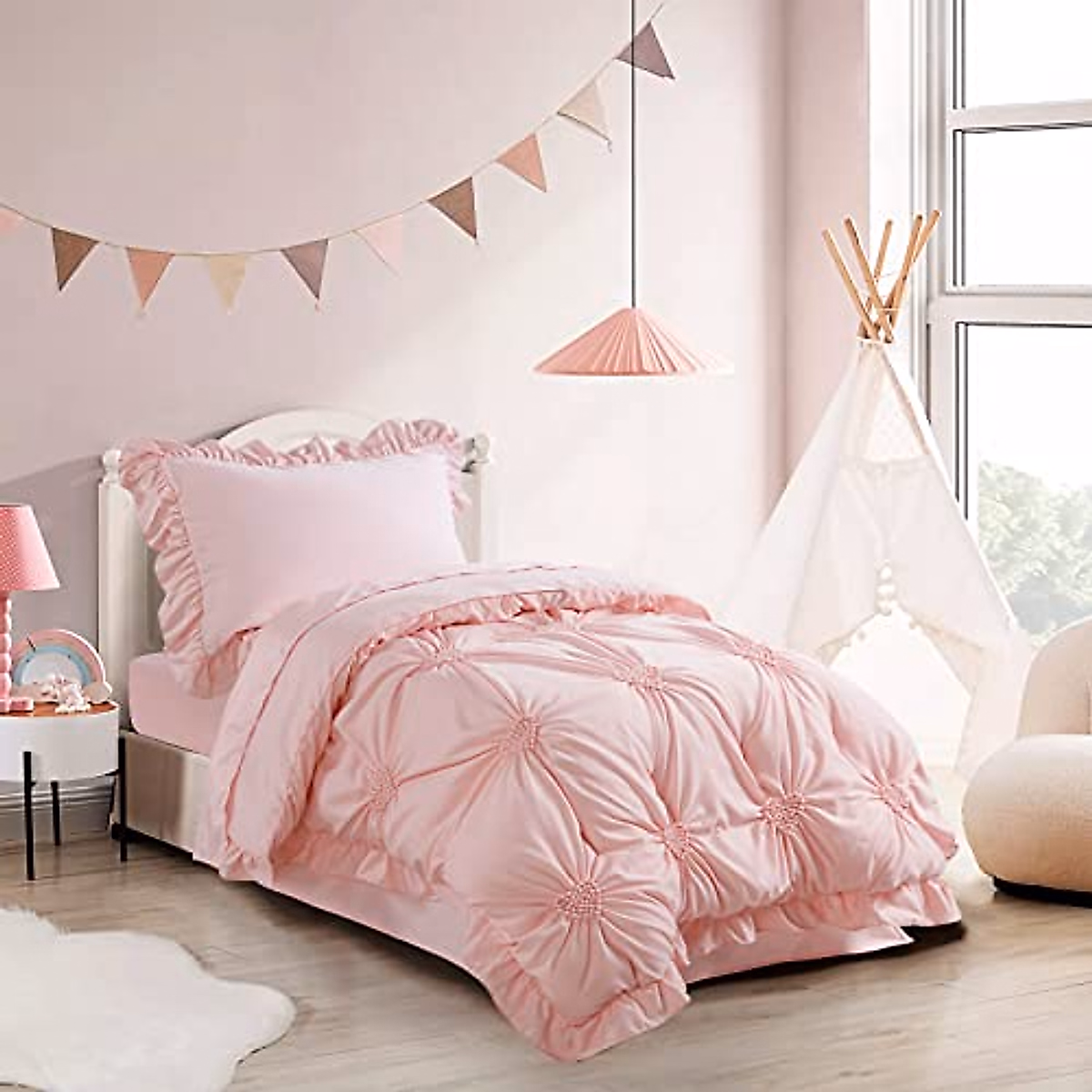 HOMBYS 4 Pieces Pink Princess Toddler Bedding Set for Girls Kids, Ultra Soft Blush Pinch Pleat Comforter Set with Ruffles for All Season