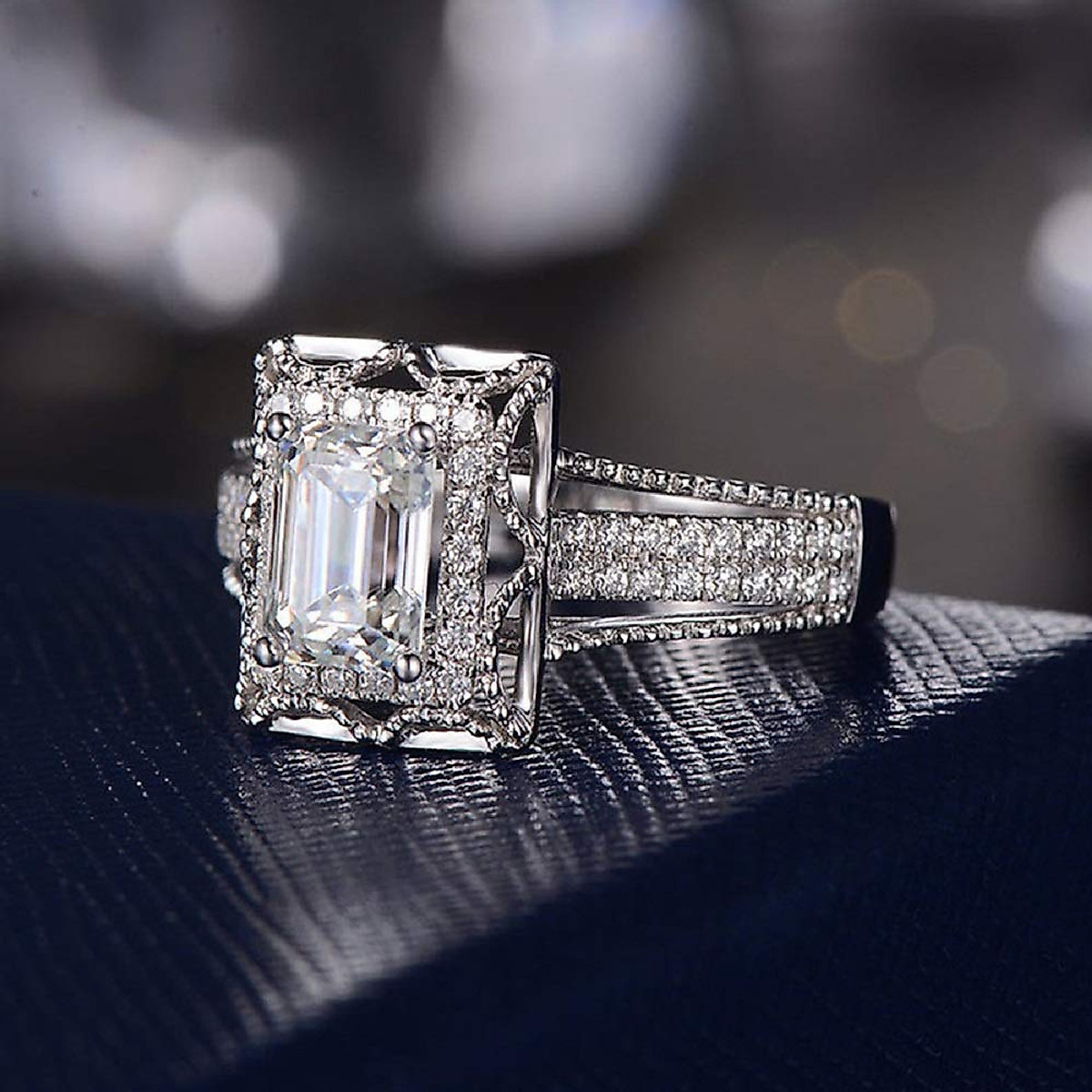 XIALV Exquisite Plated Silver Emerald Cut Square Cubic Zirconia Bridal Engagement Halo Ring for Women (US code 6)