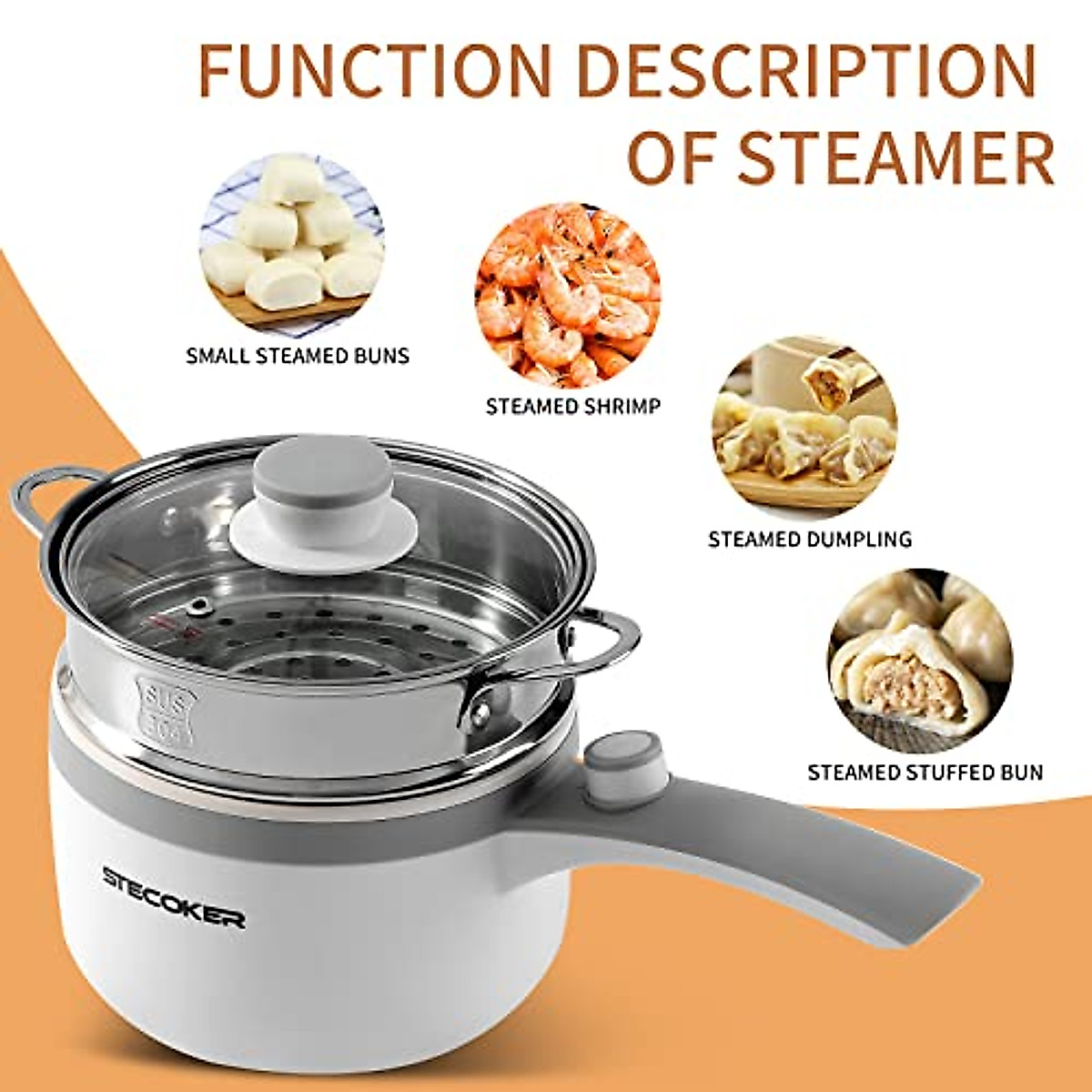STECOKER Electric Hot Pot with Steamer (1.5LS), 1.5L Instant Pot, Ramen Cooker,110V 600W White