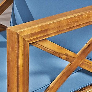 GDFStudio Outdoor Acacia Wood Club Chairs with Cushions (Set of 2), Teak Finish and Blue