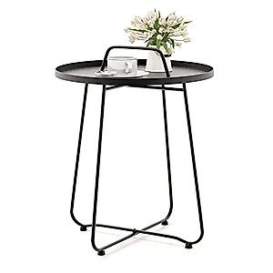Tangkula Outdoor Side Table with Handle, 18" Round Small Coffee Accent Table for Indoor & Outdoor, Modern Rustproof Tray Metal End Table for Patio, Living Room, Balcony, Backyard, Poolside, Porch