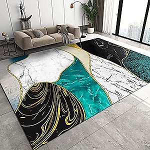 Colored Black and Gold Marble Area Rug, Nordic Turquoise Golden Line Art Carpet Rug, Large Non-Slip Machine Washable Decorative Rug for Living Room Bedroom Dining Room Farmhouse-5x6ft