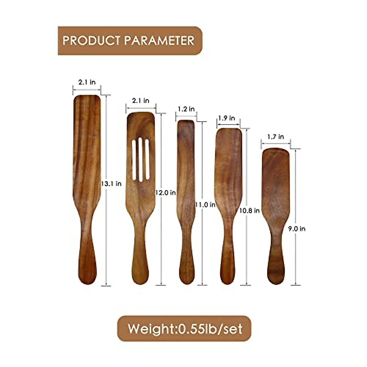 EVERQUEIN Spurtles Kitchen Tools Wooden 5pcs Cooking Utensils Set As Seen on Tv, Natural Premium Acacia Wood Spatula Slotted Spoon, Friendly for Non-Stick Cookware, Serving (Wood)