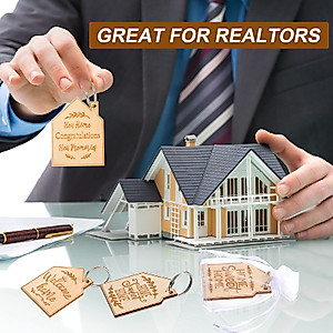 Yinkin 48 Pcs New Home Keychain Bulk Welcome Home Wood House Keychain Cute Home Keychain New Home Key Ring Decoration with Organza Bags for Real Estate Gifts Family Client Home Buyer Customer