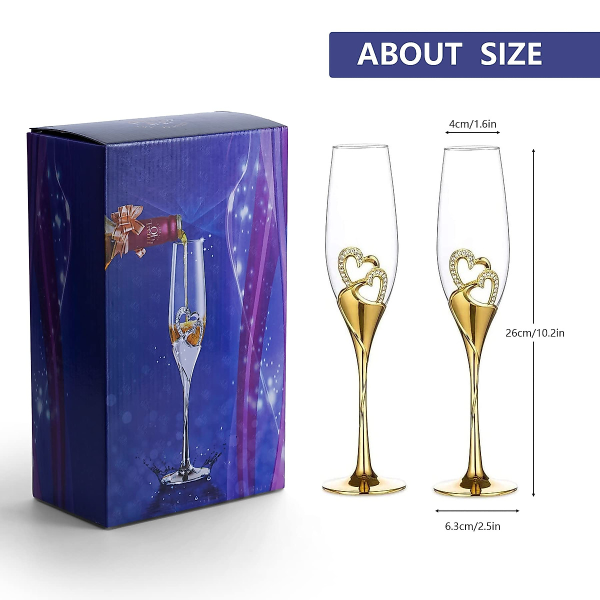LANLONG Wedding Champagne Goblets Toasting Flute Glasses for Bride and Groom Creative Deluxe Glass Cups with Rhinestone Rimmed Heart Decoration Gift Set