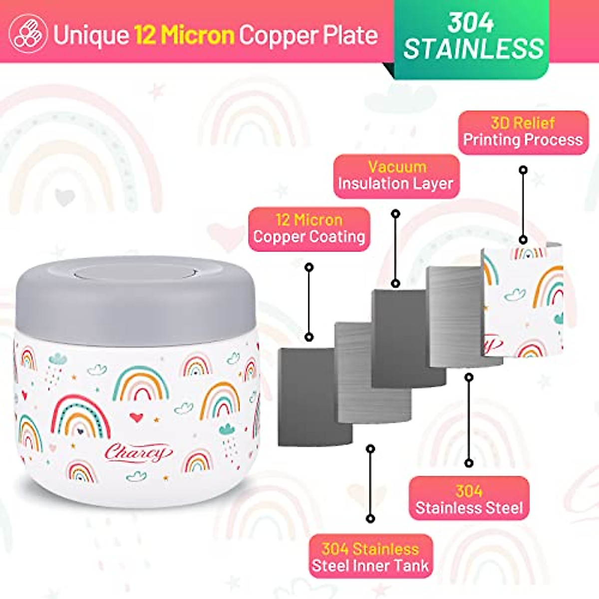 Charcy 9oz Kids Stainless Steel Vacuum Insulated Food Jar, Wide Mouth Leak-Proof Soup Thermos, Container Set for 8h Hot and 6h Cold - White Rainbow