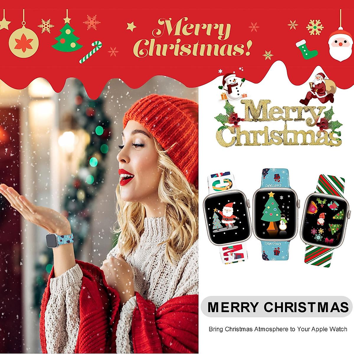 Christmas Band Compatible Apple Watch Winter Strap 38mm 40mm 41mm Women 3 Packs,Blingbrione Printed Silicone Merry Xmas Tree Snowflake for iphone Watch Series Ultra 9 8 7 SE 6 5 4 3 2 1 Girl 3 Sets