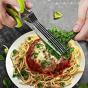 Herb Scissors, X-Chef Multipurpose 5 Blade Kitchen Herb Shears Herb Cutter with Safety Cover and Cleaning Comb for Chopping Basil Chive Parsley (Green)