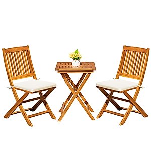 Greesum 3 Piece Patio Folding Furniture Bistro Set with 2 cushions for Pool Beach Backyard Balcony Porch Deck Garden, Acacia Wood