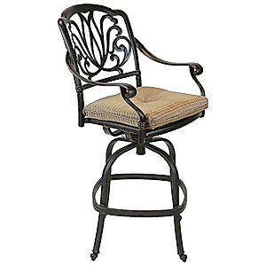 theWorldofpatio Elizabeth Cast Aluminum Powder Coated 4 Swivel Bar Stools 30" with Walnut Seat Cushions- Antique Bronze