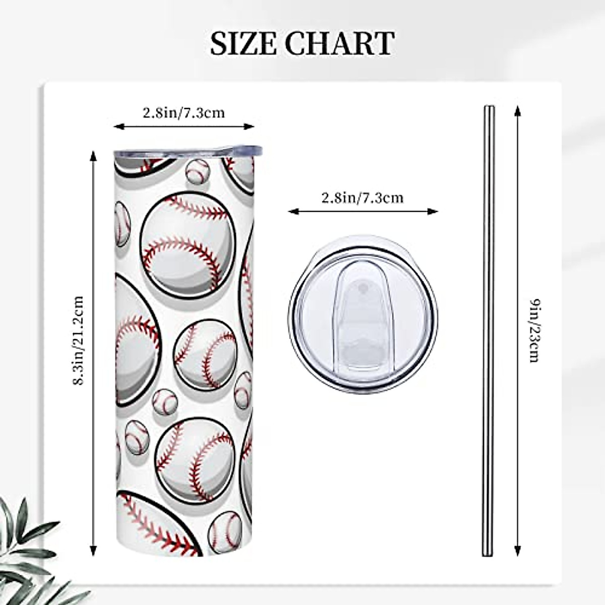 Stainless Steel Skinny Tumbler Baseball Pattern Travel Cup 20 Oz Double Wall Slim Insulated Coffee Mug With Splash Proof Lid & Straw & Cleaning Brush For Home Office